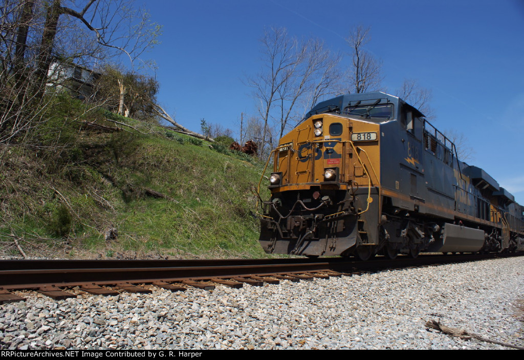 Trackside view of CSXT 818 leading a 900-axled DPU train past the album author's tornado ...